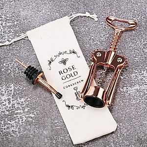Wine Bottle Opener Wing Corkscrew, Godmorn Rose Gold Beer Bottle Opener with Wine Pourer, Cute Stainless Steel Winged Corkscrew, Pink Cork Screw Wine Accessories For Kitchen Bars Mothers Day Gift