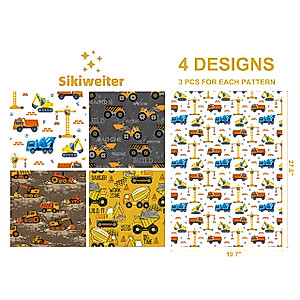 Sikiweiter Construction Wrapping Paper - 12 Sheets Construction Wrapping Paper Birthday with Trucks - 19.7 x 27.6 Inches Per Sheet