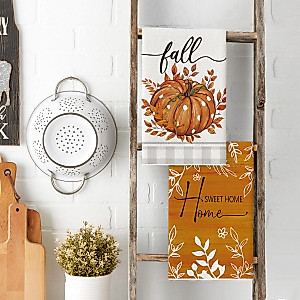 Artoid Mode Orange Buffalo Plaid Polka Dot Pumpkin Fall Kitchen Towels Dish Towels, 18x26 Inch Farmhouse Eucalyptus Leaves Decoration Hand Towels Set of 4