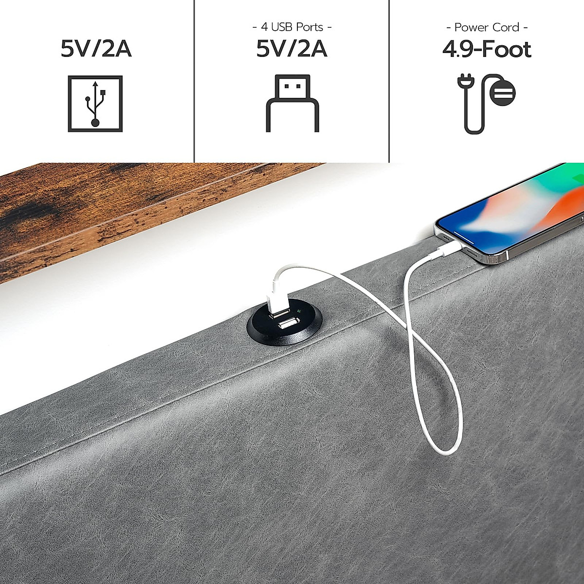 HOOBRO King Size Headboard, Wall Mount Hanging Headboard with 4 USB Ports and LED Light, PU Upholstery, Open Storage Shelf, for Bedroom, Bar, Dining or Entryway, Rustic Brown and Gray