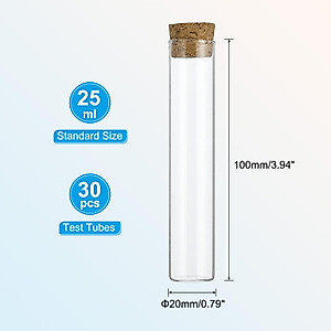 PATIKIL 25ml Test Tubes, 30pcs 3.94x0.79in Glass Clear Flat Bottom Test Tube Containers with Cork Stopper for Bead Party Candy Bath Salt Storage Scientific Experiment Plant Propagation