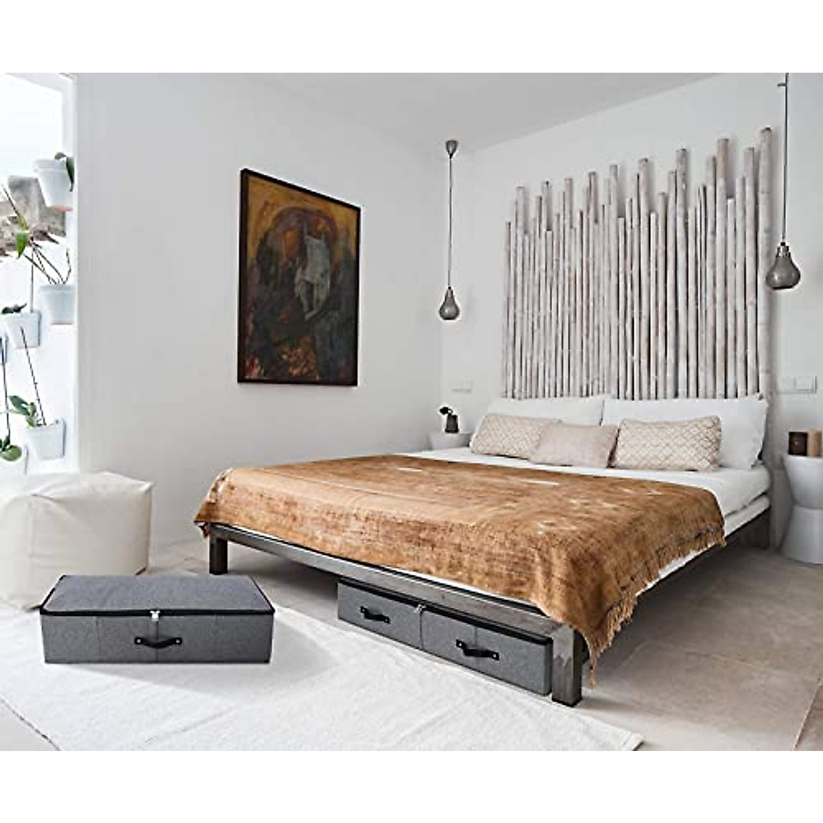 2PCS Foldable Under Bed Storage Box with Plastic Support Liner, Handles, Zipper lid, Blankets Clothes Comforters Storage Bin Organizer for Bedroom and Closet, 29×15×7inch, Black Grey