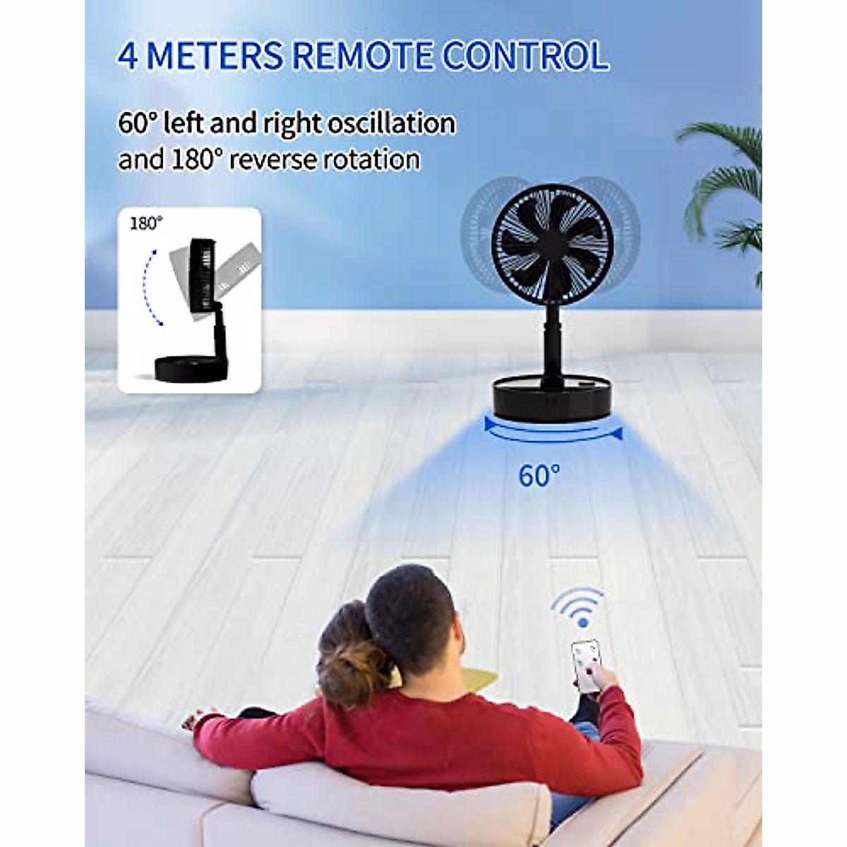 Oscillating Fan Foldaway with Remote Control, 7200mAh Rechargeable Battery Powered Pedestal Fan for Camping, 4 Speed, Timer, Height Adjustment Portable Table Fan for Travel , Outdoor, Home (Black)