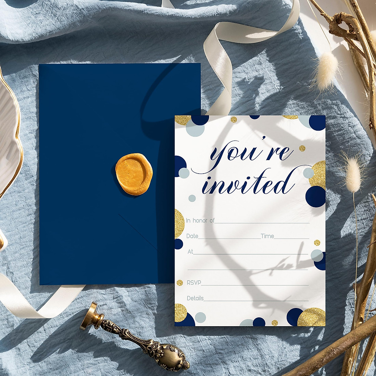 Navy and Gold Invitations with Envelopes (15 Pack) All Occasion Invites for Boys Baby Shower, Graduation, Birthday, Retirement, Luncheon – Royal Theme Abstract Dot – Blank 4x6 Card Set Printed