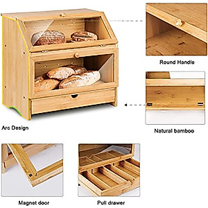 HOMEKOKO Large Bamboo Two-layer Bread Box With Drawer, Double Layers Large Bread Box for Kitchen Counter, Wooden Large Capacity Bamboo Bread Food Storage Bin (NATURAL)
