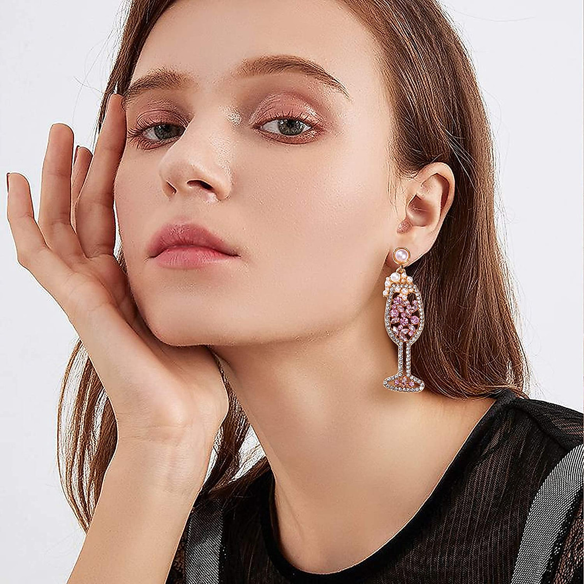 Champagne Wine Glass Earrings-Handmade Champagne Flute Earrings -Charm Rhinestone Crystal Pearl beaded Drop Dangle Earrings- Cute Pretty Earrings For Woman (rose gold)