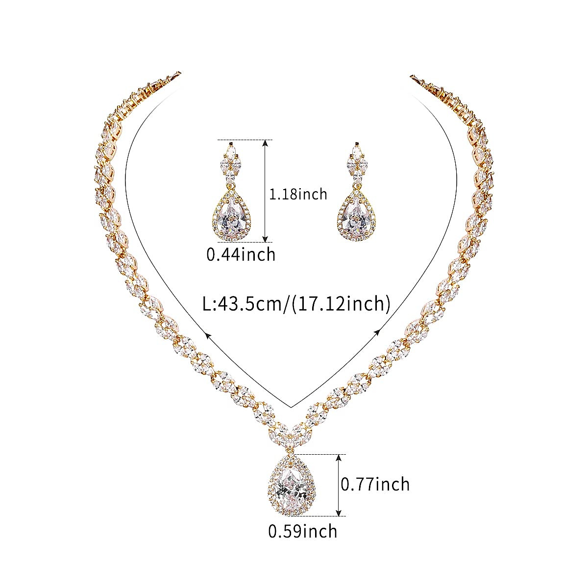 WeimanJewelry Silver/Gold Plated Women Cubic Zirconia CZ Marquise Teardrop Bridal Tennis Necklace and Drop Earring Set for Wedding Brides (Gold)