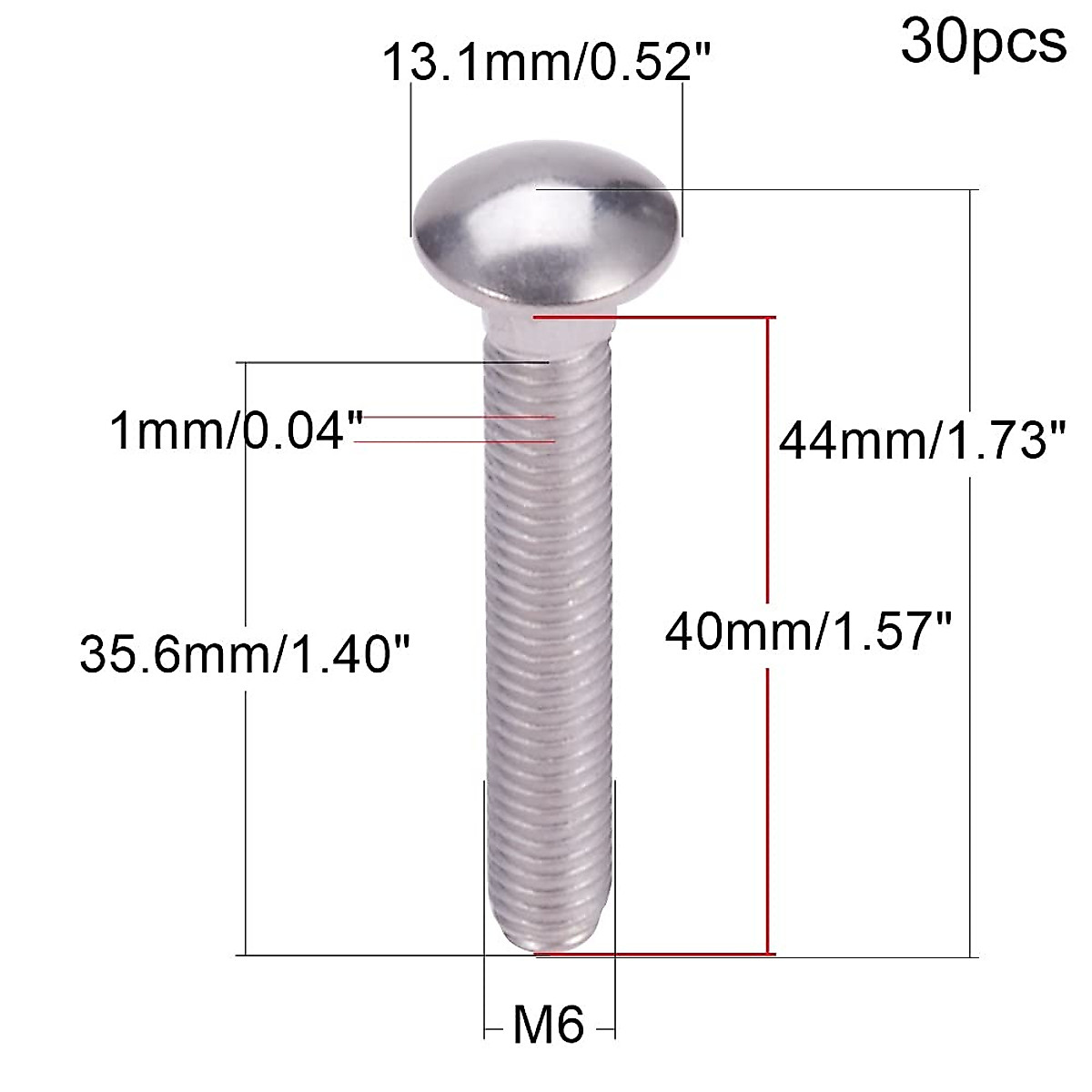 Yinpecly 30Pcs Carriage Bolts M6×40mm Round Head Square Neck Bolt Fasteners 304 Stainless Steel 1mm Pitch Silver Tone