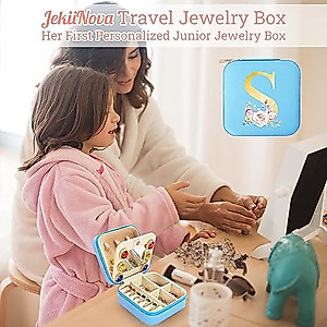 Monogram Travel Jewelry Case, Blue Portable Jewelry Box Organizer w Mirror, Vacation Essentials Birthday Gifts for Women TeacherRing Necklace Earring Jewelry Holder Organizer Preppy Stuff (S)
