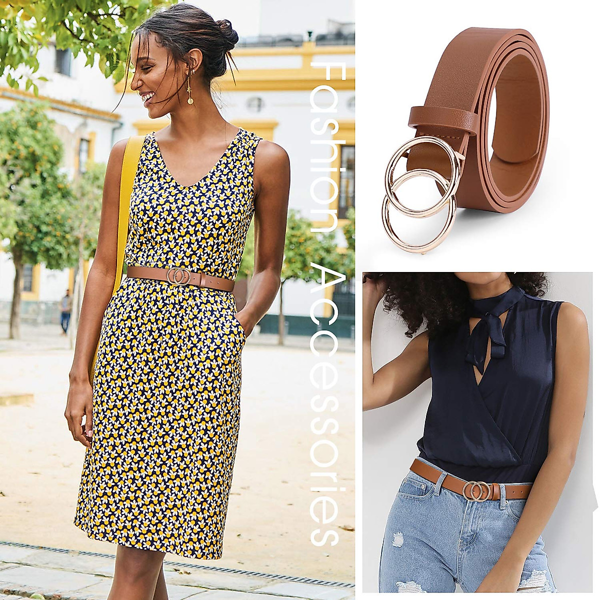 XZQTIVE 3 Pack Women's Leather Belts For Jeans Dresses Pants Fashion Ladies Waist Belt with Gold Buckle