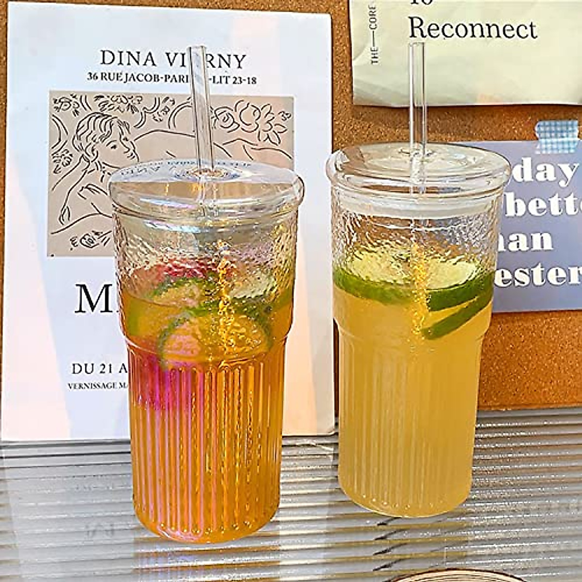 CAYOREPO 2 Packs 20 oz Glass Cups with Lids and Straws, Glass Coffee Tumbler, Tumbler Water Glass, Water Bottle, Thick Wall Glass Coffee Mug Iced Tea Cup (Clear (2Pcs 20oz))