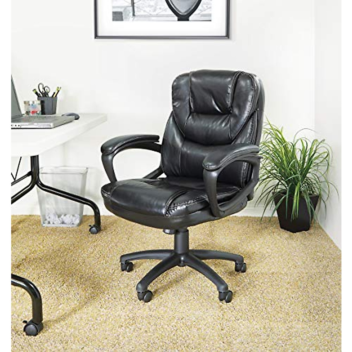 Office Star FL Series Faux Leather Manager's Adjustable Office Chair with Lumbar Support and Padded Arms, Black