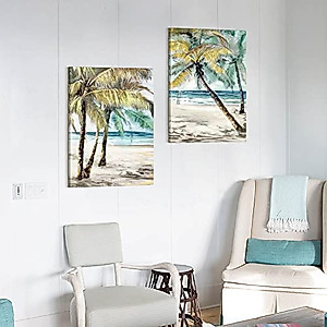 Beach Palm Trees Wall Art: Abstract Coastal Picture Tropical Ocean Scene Artwork Seascape Painting Print on Canvas for Modern Living Room Bathroom Office