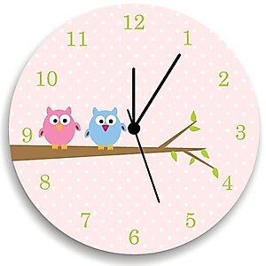 Girls Wall Clock With Owls on tree, Pink Nursery Room Decor, Girls WALL CLOCK with white Polka Dot