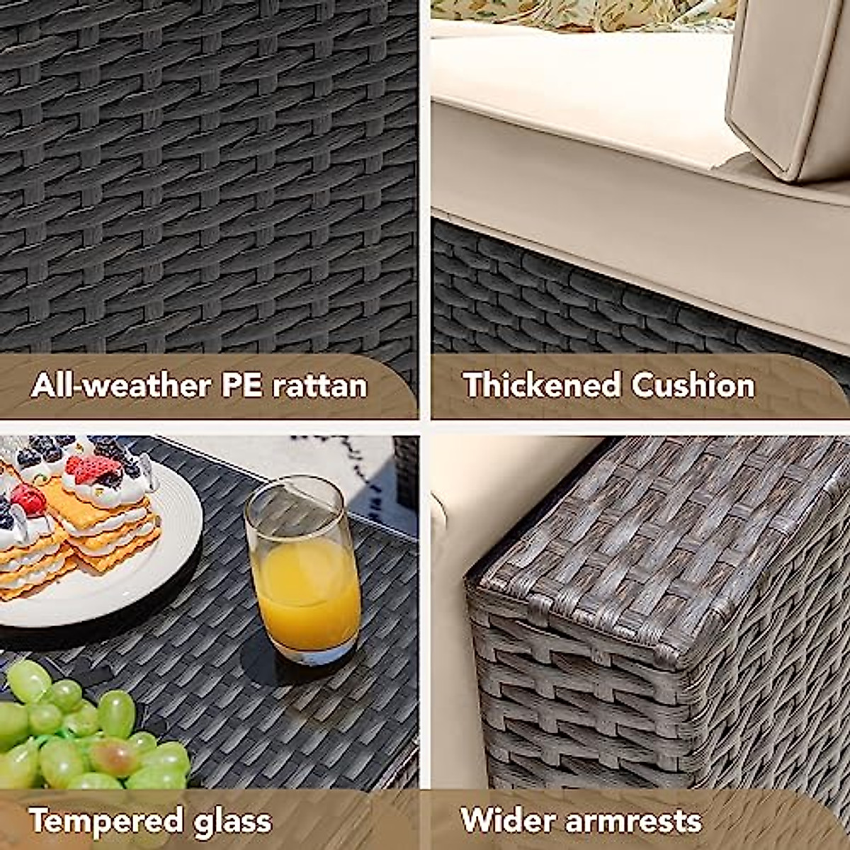 Devoko Patio Furniture Sets 6 Pieces Outdoor Sectional Rattan Sofa Manual Weaving Wicker Patio Conversation Set with Glass Table and Cushion (Beige)