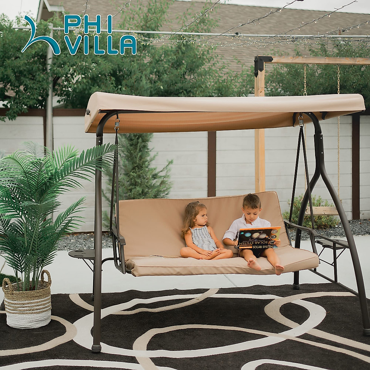 PHI VILLA 3-Seat Porch Swing with Canopy,Outdoor Swing with Retractable Side Table and Removable Cushion,Patio Swing Chair/Bench for Porch, Garden, Poolside, Balcony&Backyard,Alloy Steel Frame,Brown