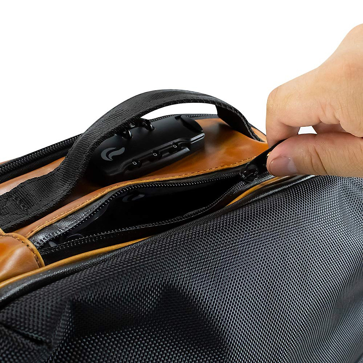 Skunk SoHo Backpack - Smell Proof - Weather Resistant - With Combination Lock (Black/Black Leather)