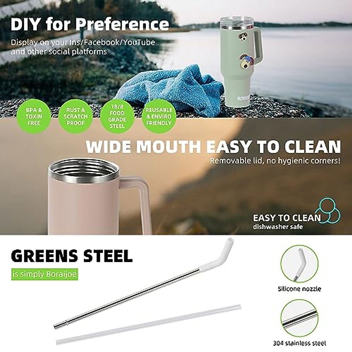 Boraijoe 40 oz Tumbler with Handle and Straw,Reusable Stainless Steel Water Bottle Travel Mug Insulated Cup,Double Wall Vacuum 100% Leak-proof Travel Coffee Mug(Jade Green)