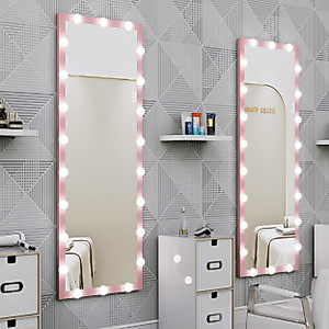 Tidyard Luxury Wall Standing Bedroom Hotel Full Length Mirror with LED Bulbs Touch Control Full Body Dressing Pink Hollywood Vanity Mirror with 3 Color Lights