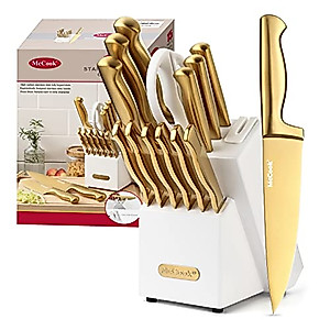 McCook® MC21G Knife Sets,15 Pieces Luxury Golden Titanium Kitchen Knife Block Sets with Built-in Sharpener