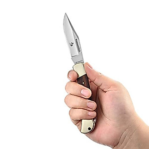 SENBON folding lock back knife 3.3in 440a sharp outdoor knife sand iron wood copper handle with Leather Sheath