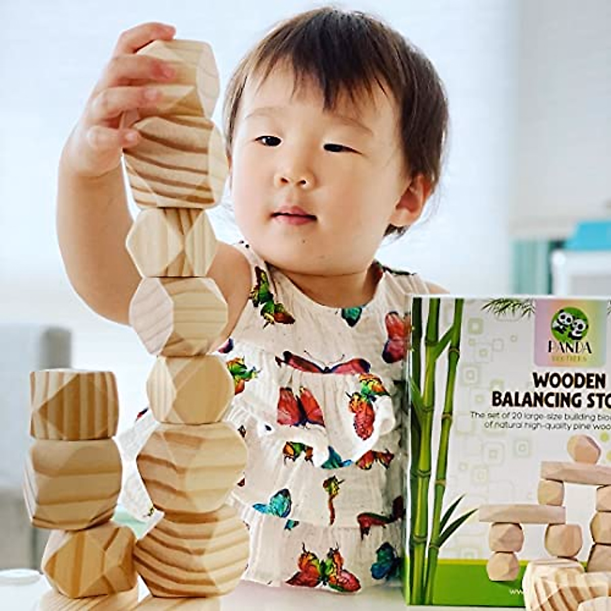 Panda Brothers Wooden Balancing Stones - Montessori Toys for 3 4 5 Year Old Kids and Toddlers Learning Sensory Toy, 20 Large Size Wooden Building Blocks Set of Stacking Stones for Kids Pine Wood Rocks