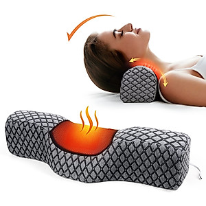 Neck Pillows for Pain Relief Sleeping, Heated Memory Foam Cervical Neck Pillow with USB Graphene Heating and Magnetic for Stiff Neck Pain Relief, Neck Support Pillow Bolster Pillow for Bed (Grey)