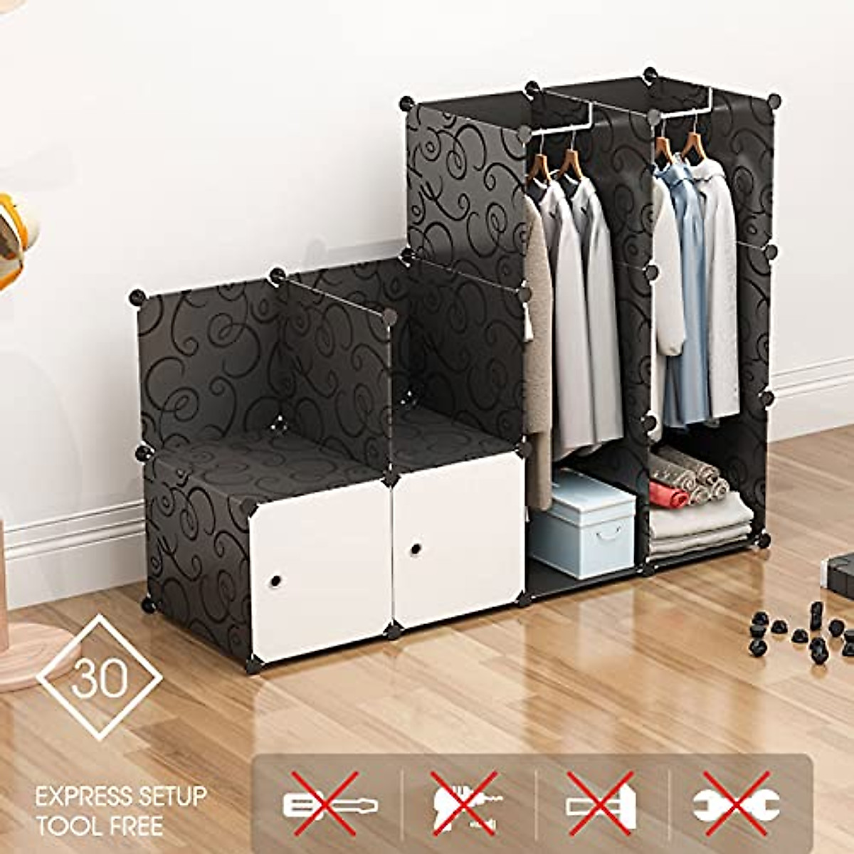 DWLOMHE Portable Wardrobe, Plastic Storage Organizer 12 Cubes Closet,Modular Plastic Wardrobe for Space Saving