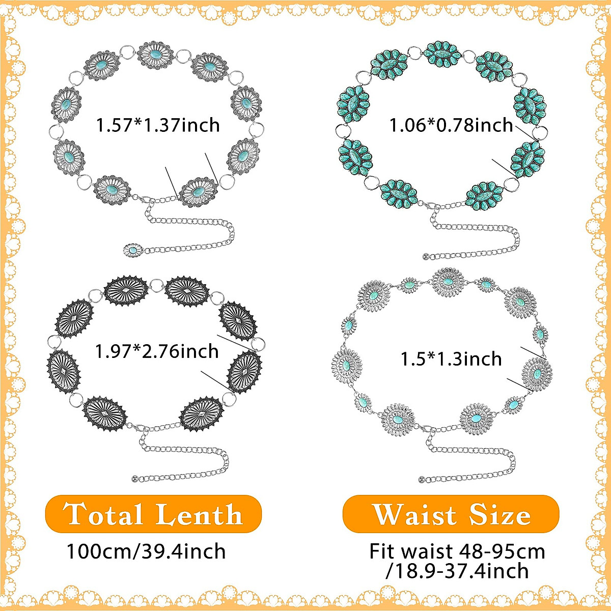 Henoyso Western Metal Belts for Women Silver Oval Flowers Chain Waist Chains for Dresses Jeans Western Cowgirl (Elegant)