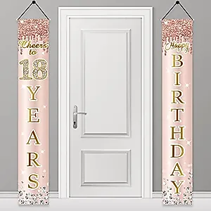 18th Birthday Door Banner Decorations for Girls, Pink Rose Gold Happy Eighteen Birthday Door Porch Backdrop Party Supplies, Happy Birthday Cheers To 18 Years Sign Decor