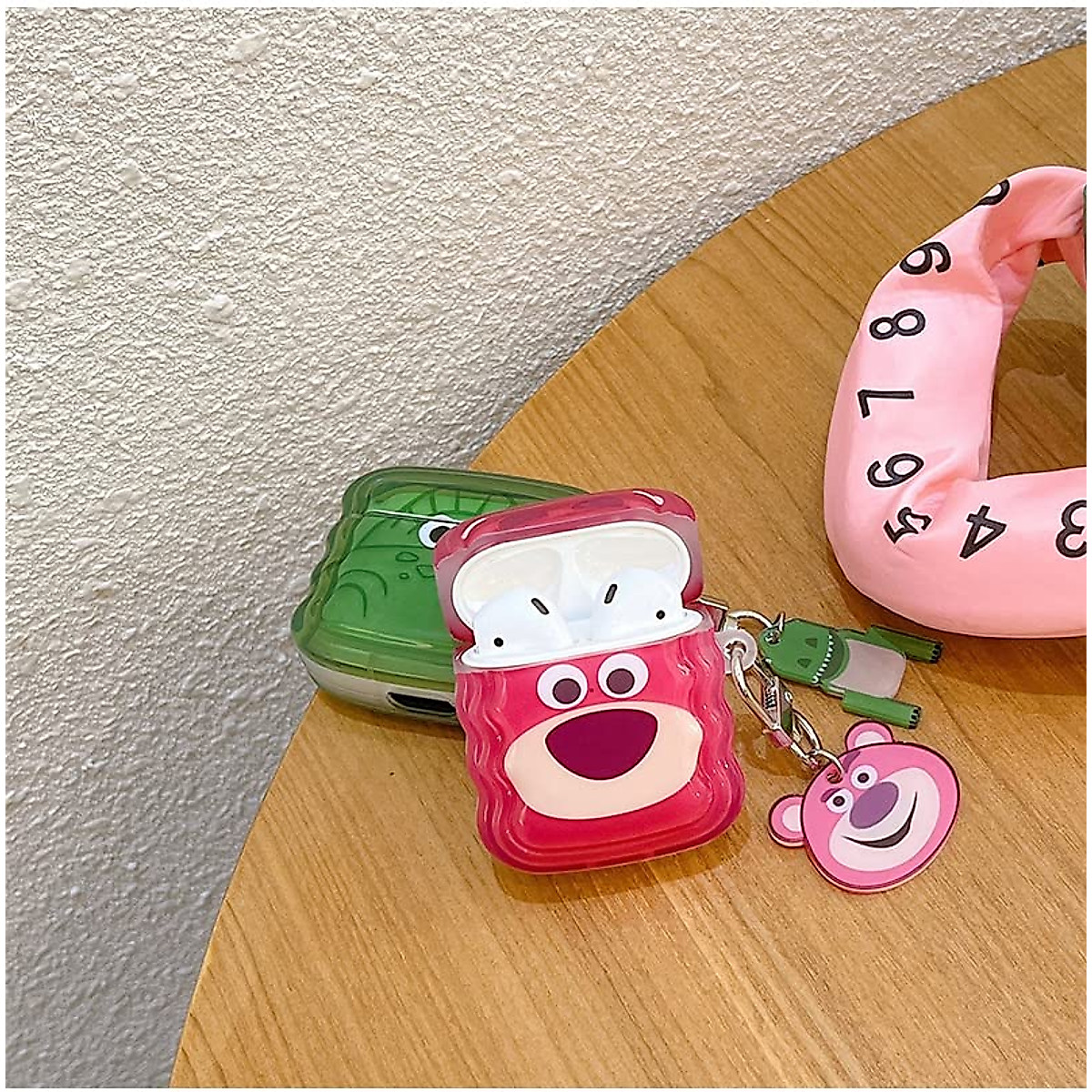 Soft TPU Clear Case with Charm Keychain Hook for Apple AirPod Disney Anime Cartoon Lotso Huggin Teddy Rex Hamm Forky Cute Lovely Adorable Kids Girls (Green Dinosaur for AirPods Pro)