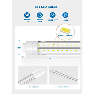 ELEKICO 8FT LED Bulb, 8FT Led Shop Light R17D V Shaped, 8 Foot LED Bulbs 6000K 75W 9500LM, 8 Foot Shop Light, T8/T10/T12 Led Tube Light Replacement, Dual-End Powered Ballast Bypass, Pack of 12