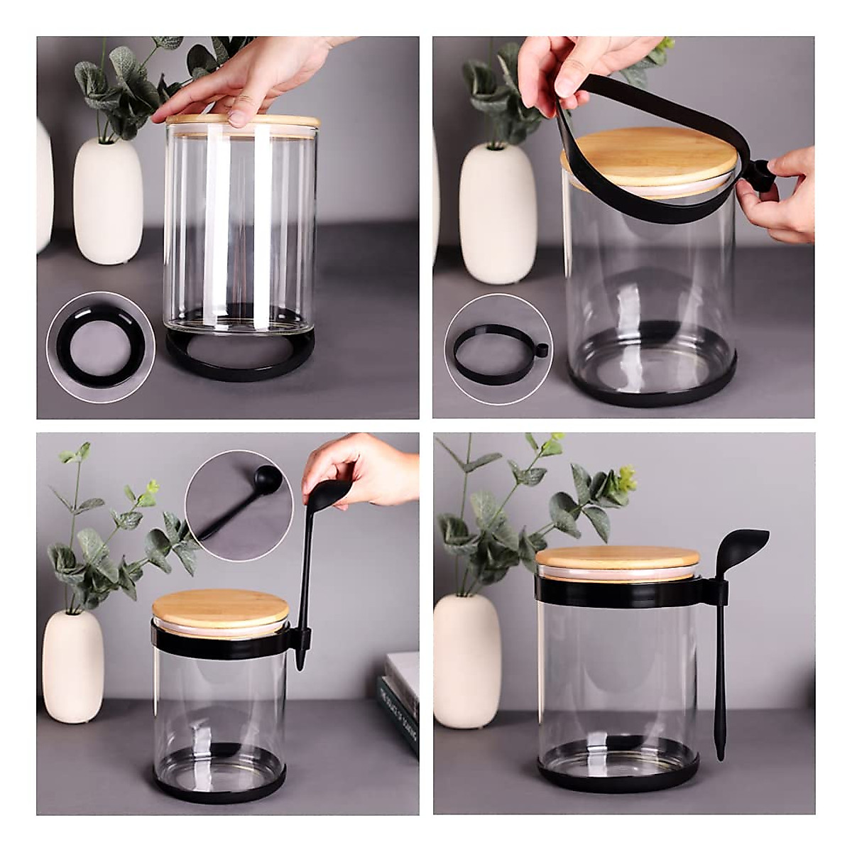 2PCS Large Glass Kitchen Canisters with Spoon and Airtight Bamboo Lids, 100 OZ Glass Storage Container for Flour, Glass Flour and Sugar Jars for Coffee, Rice Storage