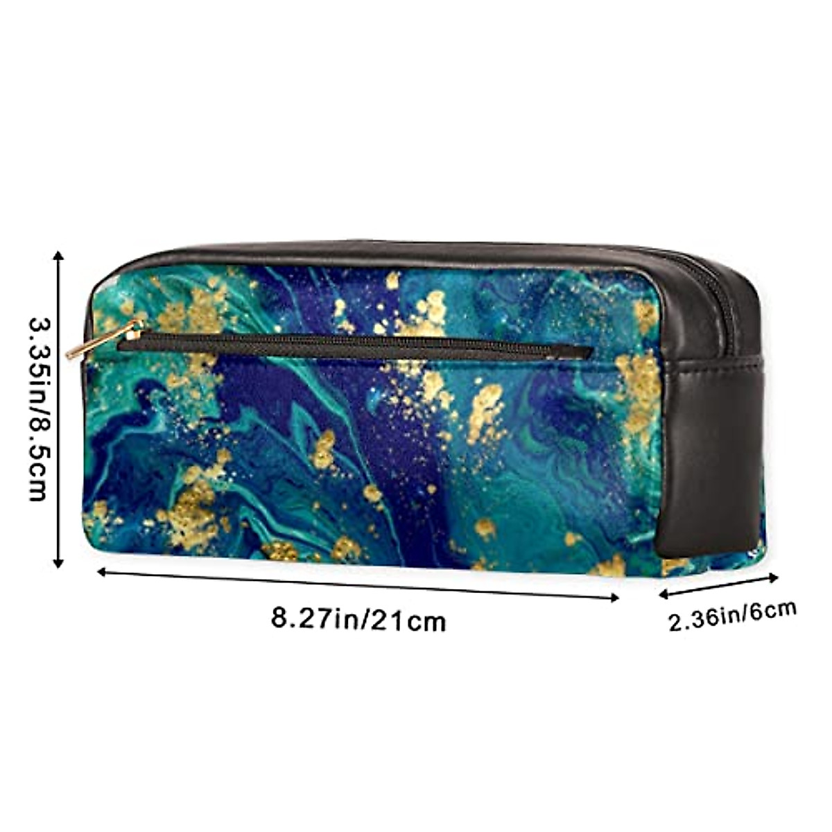 TropicalLife Turquoise Marbling Texture Golden Pencil Case, Portable Pu Leather Pencil Pen Case Pouch Bag with Zipper for Travel, School, Cosmetic Bag