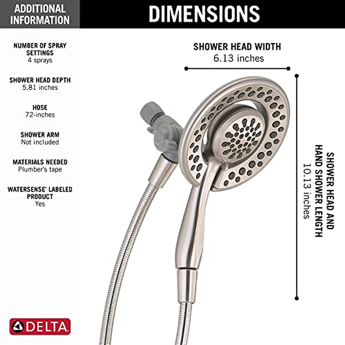 Delta D75486CSN In2ition 1.75 GPM 2-in-1 Multi Function Shower Head and Hand Shower with 60" Hose - Limited Lifetime Warranty Spotshield Brushed Nickel