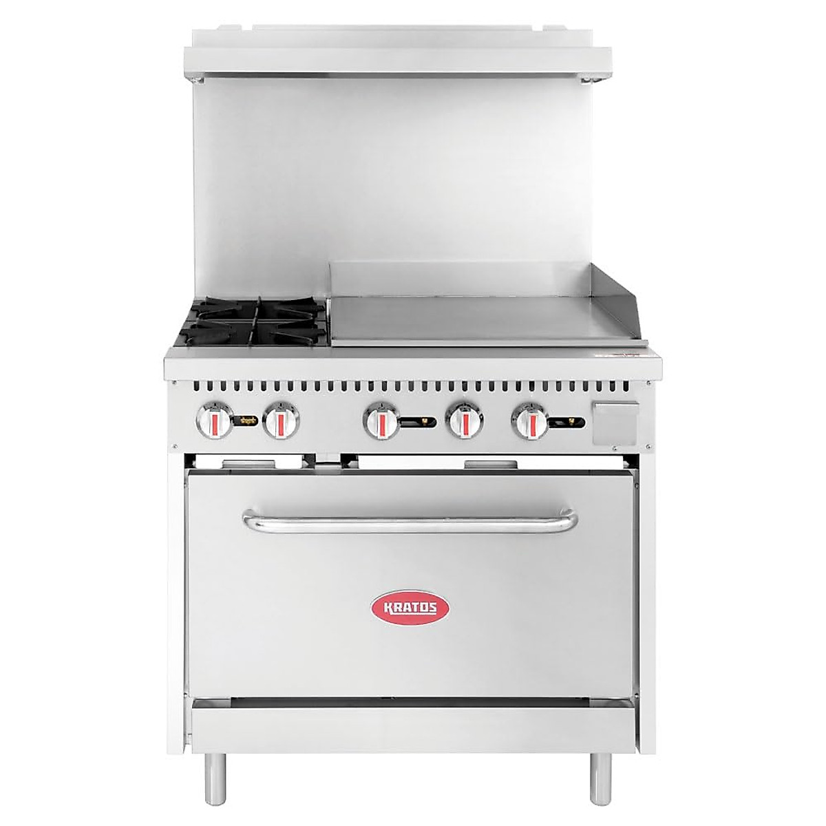 Kratos 36" Wide Commercial Gas Range with 24" Griddle, 2 Burners, and Full Size Oven, Stainless Steel Range for Restaurants, 130,000 BTU, Liquid Propane (29Y-047-LP)