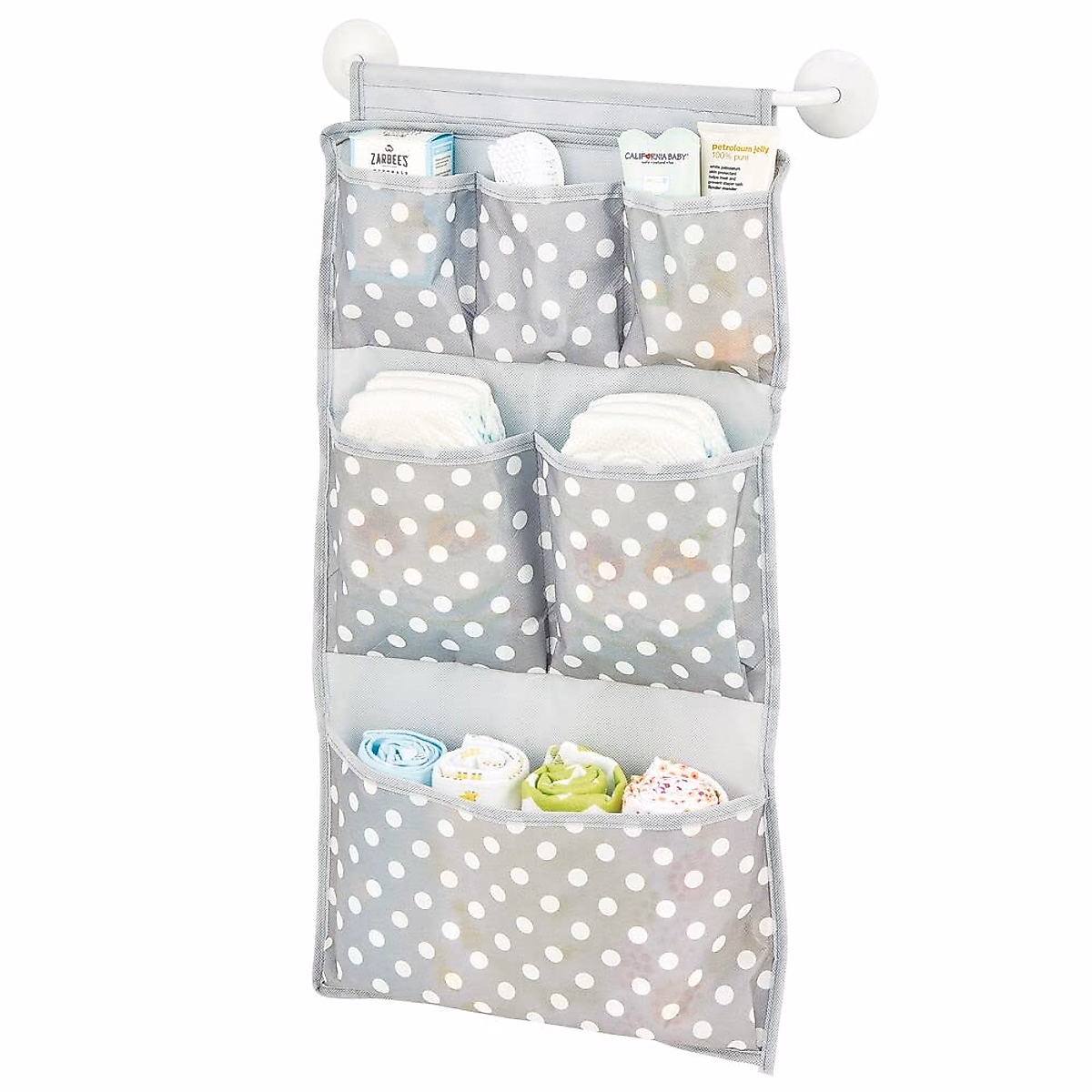 mDesign Soft Fabric Wall Mount/Over Door Hanging Storage Organizer - Self-Adhesive Tape - 6 Pockets for Child/Kids Room or Nursery - Polka Dot Print - Gray/White
