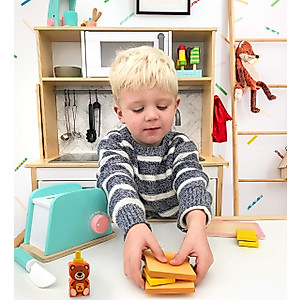 Toy Kitchen Wooden Pop-Up Toaster Play Set 10 Pcs, Interactive Early Learning Toaster, Exclusive Chopping Board, Knife, Poached Egg Honey Bear and Sliceable Butter, Fun and Colorful for Girls and Boys