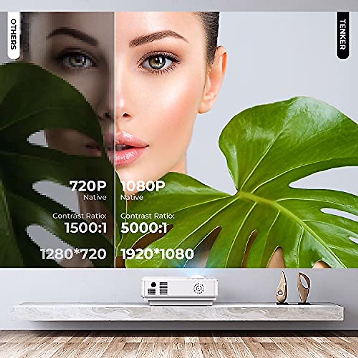 TENKER Native 1080P Projector, 7500L High Brightness Full HD Outdoor Movie Projector, 200" Giant Screen LCD Video Projector, Portable Mini Projector for Cartoon, Compatible w/Laptop/PC/DVD/TV