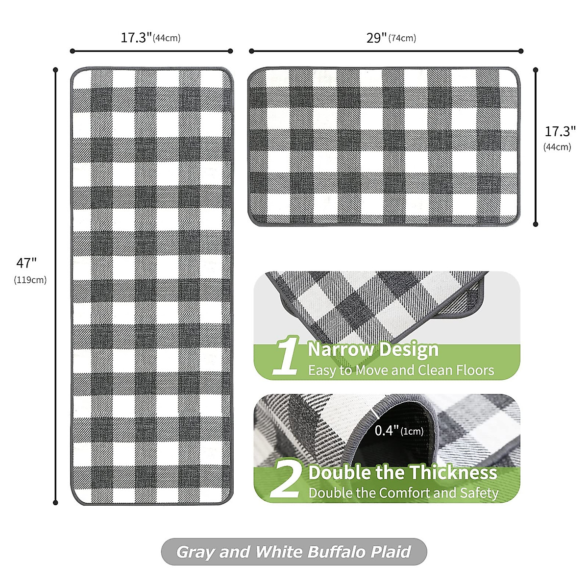 Matace Buffalo Check Plaid Kitchen Rug Set - 2PCS (17x47 & 17x29), Farmhouse Style, Non-Printed Woven Surface, Non-Slip, Machine Washable, Gray & White
