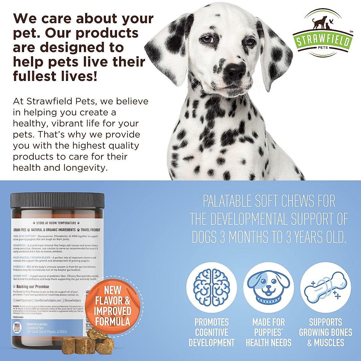 Strawfield Pets' Puppy Multivitamin + Probiotics for Dogs Puppy Vitamins with Joint Support Supplement for Dogs & Puppies Tasty Bacon Flavor 120 Soft Chews
