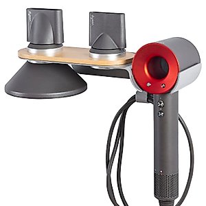 MyGift Wall Mounted Solid Beech Wood 6-in-1 Hair Dryer Storage Holder for Dyson Supersonic Hair Dryer with Stainless Steel Hook and Magnetic Rings for Hair Dryer, Diffuser, 3 Nozzles, and Power Plug