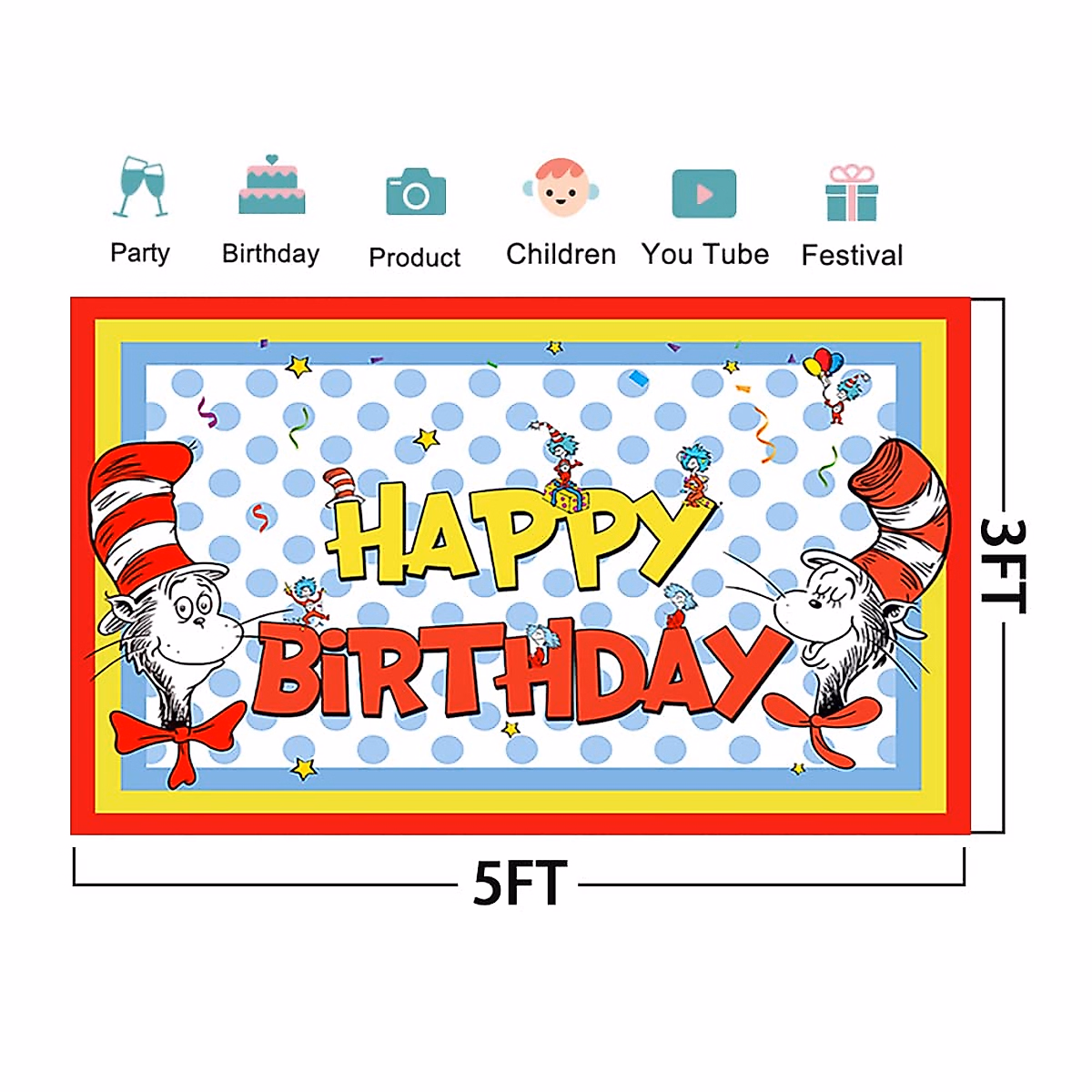 Blue Dots Backdrop Party Supplies Dr Seuss Birthday Theme Photo Background Cat in The Hat Banner for Birthday Party Caketable Decoration 5x3ft