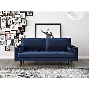 US Pride Furniture Mid Century Modern Velvet Living Room Furniture with Bolster Pillows, Button Tufted Seats, Track Arms and Solid Wood Legs, Sofa, Blue