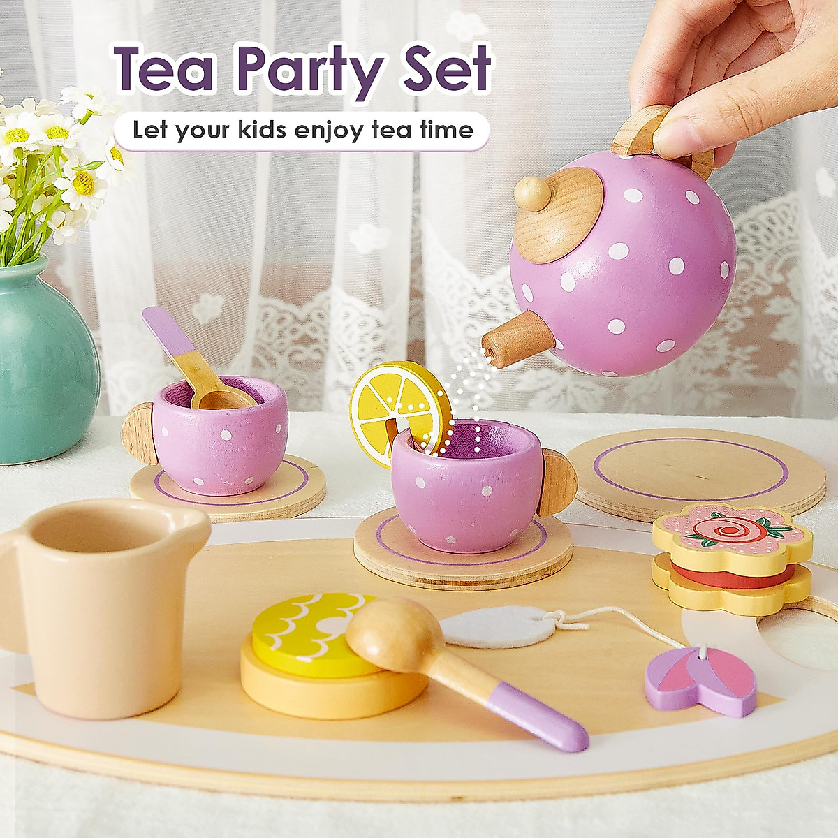 BUYGER Wooden Tea Party Set for Toddler Little Girls 3-5 with Teapot Tea Cup Set Wooden Play Food Toy Kitchen Accessories for Kids Girls Children Boys Toddler…