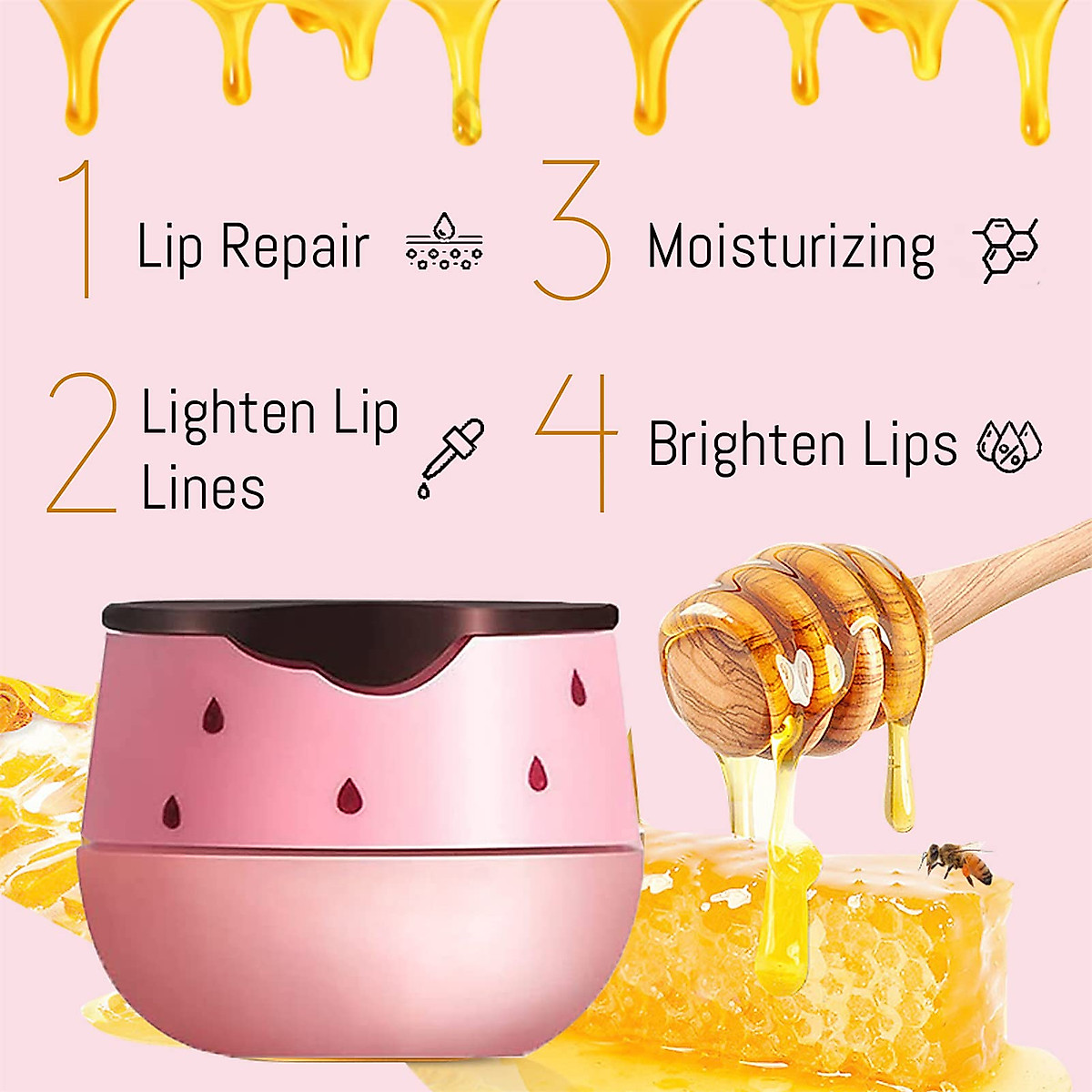 2PCS Lip Balm Honey Pot, Honey Pot Lip Balm for Dry Cracked Lips, Strawberry Lip Balm Scrubs Exfoliator & Moisturizer, Hydrating Lip Balm Honey Pot with Wand, Lip Sleeping Mask (C)