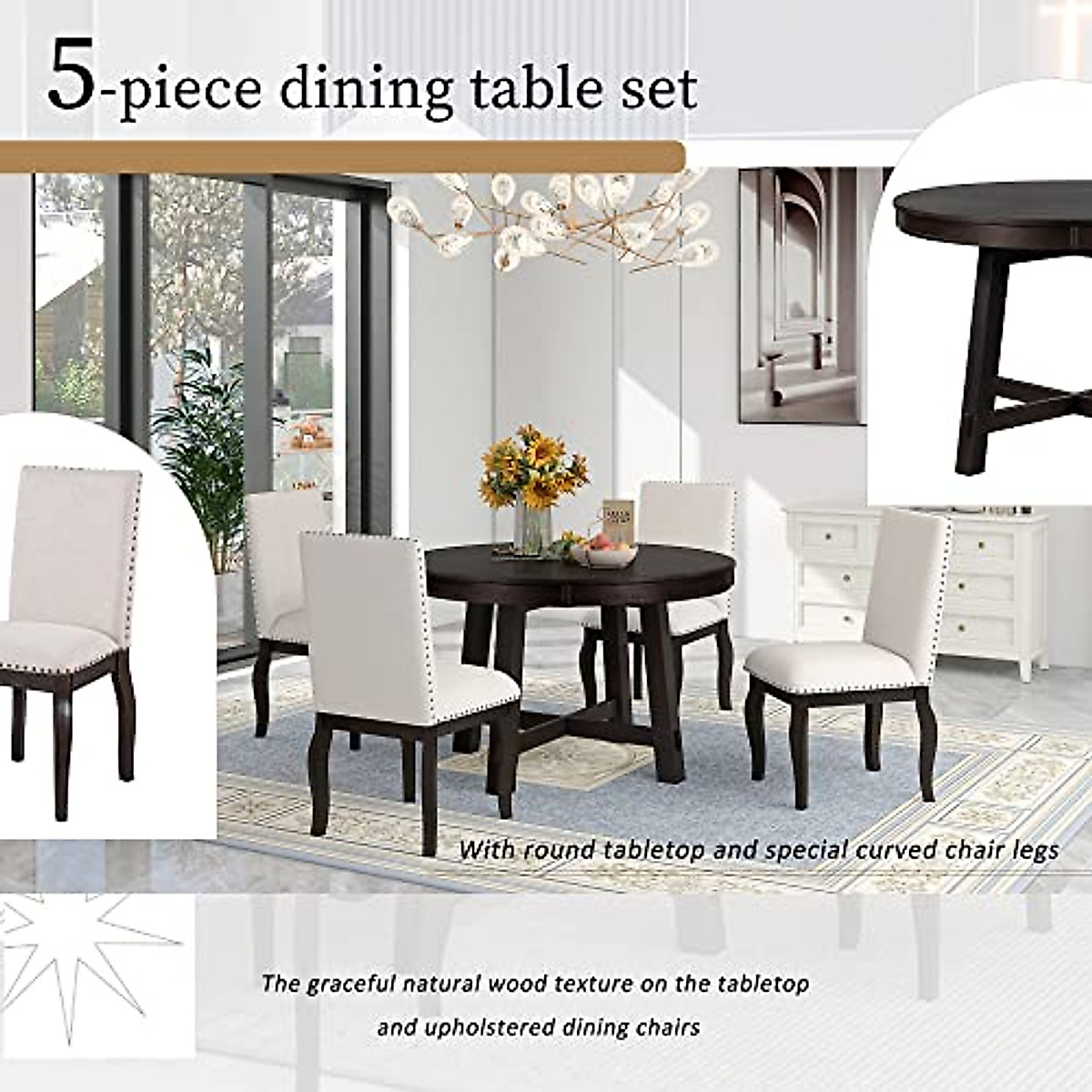 OYN 5-Piece Kitchen Room Furniture, Wooden Farmhouse Round Dining Table Sets with 4 Nailhead Decor Upholstered Chairs and Extendable Tabletop for 4 Persons Family Meal, Espresso