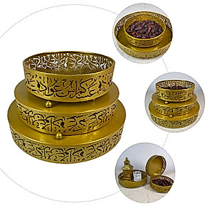 Amosfun 3Pcs Eid Ramadan Plate Iron Serving Tray Plate Islam Round Platter Snack Dessert Pastry Tray for Home Ramadan Mubarak Party Supplies (Golden)