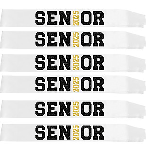 6Pcs White Senior 2025 Satin Sashes with Black Gold Glitter Letters- 2025 Graduation Celebrations Sashes - Senior Cheer Sash - Cheerleader Sash - Class Competition Sashes