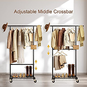 Gewudraw Clothing Garment Rack, Extendable Clothes Rack with Wheels, Bottom Shelves and Hooks, Double Rod Garment Rack Portable Closet Organizer, 64.4 inches